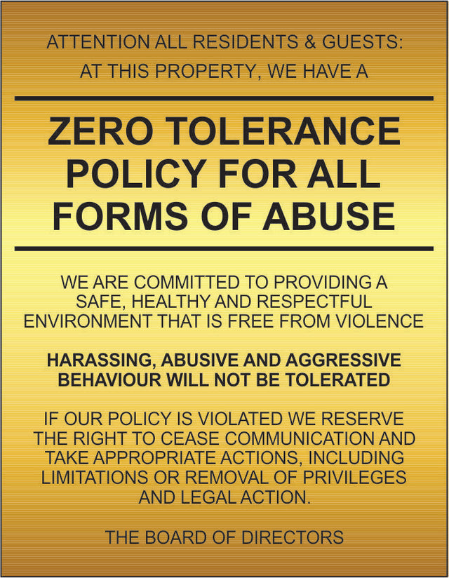 Zero Tolerance Policy for All Forms of Abuse - Two Sizes – The CondoSigns Store